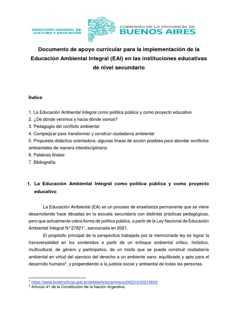 Documento de Apoyo Curricular para La Implementación de La Educación Ambiental Integral (EAI ...