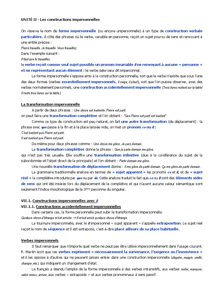 Unité II - Les Constructions Impersonnelles | PDF | Verbe | Sujet ...