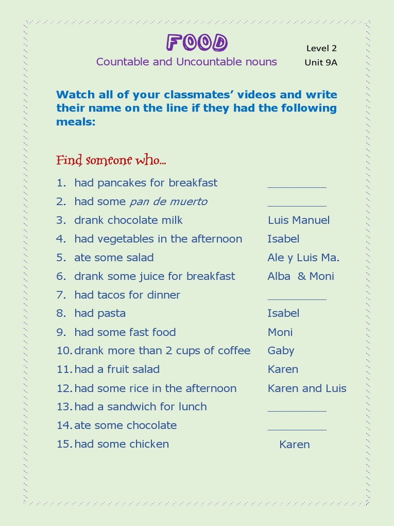 Find Someone Who_Countable and Uncountable Nouns | PDF