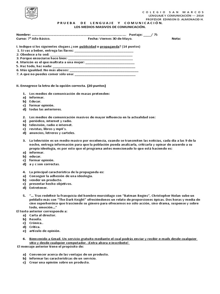 Prueba de Lenguaje y Comunicacion Medios Masivos de Comunicacion | PDF ... Prueba de Lenguaje y Comunicacion Medios Masivos de Comunicacion | PDF ...