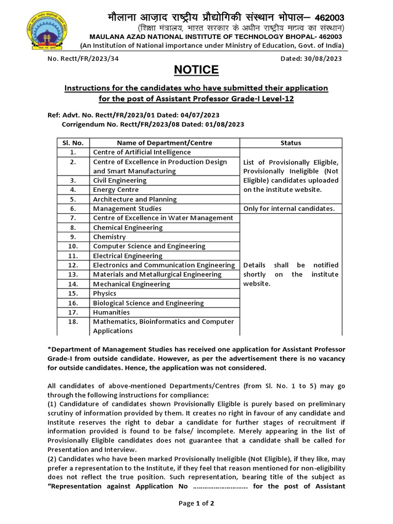 Instructions For The Candidates For The Post of Assistant Professor ...