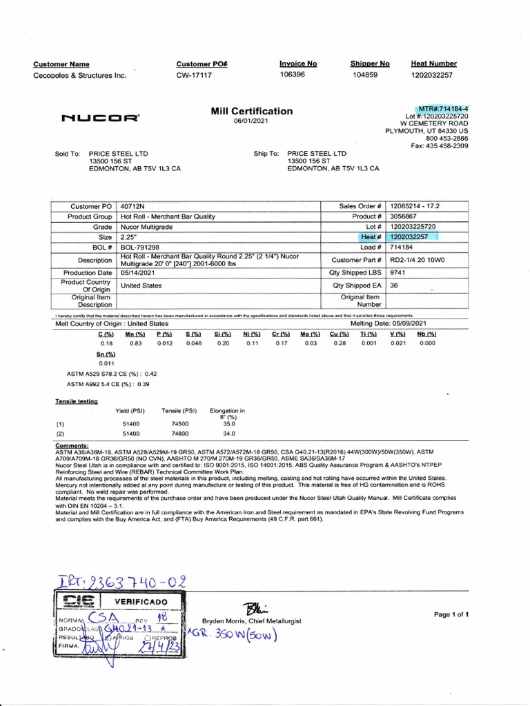 Nucor Steel Mill Certification Details | PDF | Engineering | Transition ...