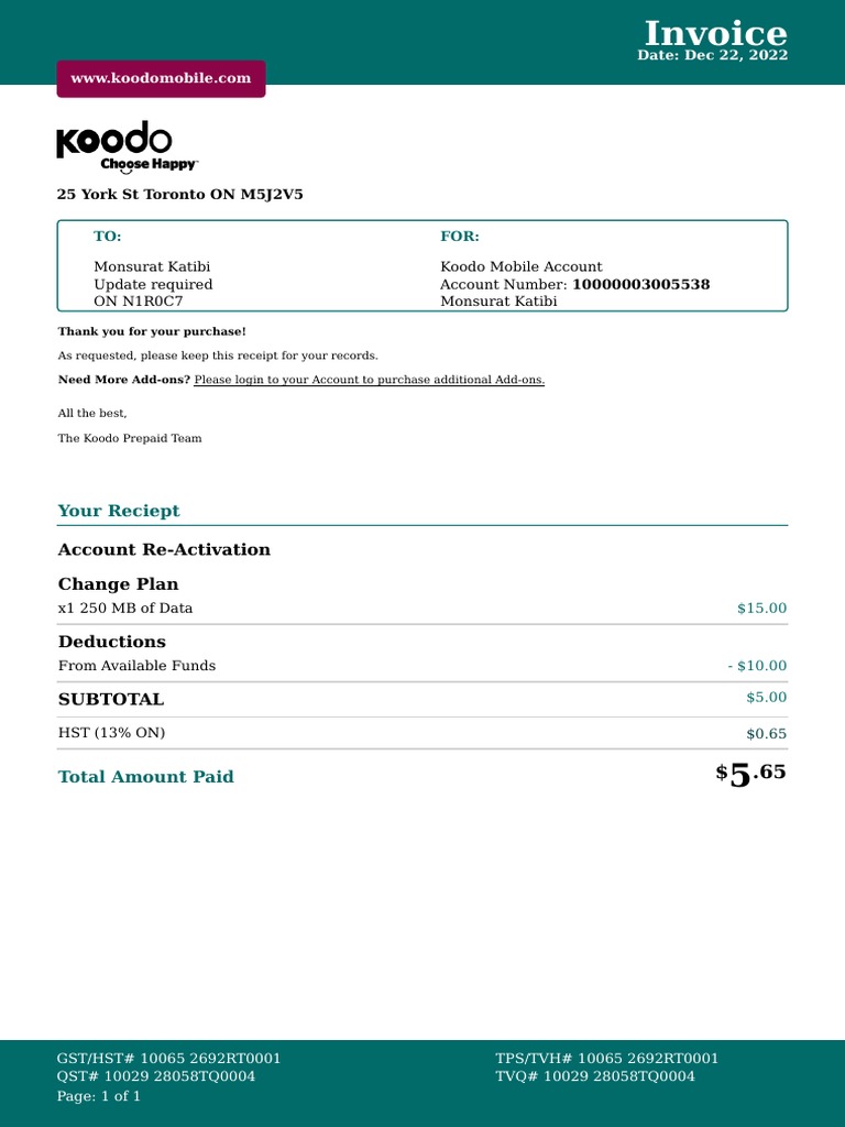 Koodo Mobile Invoice Summary | PDF