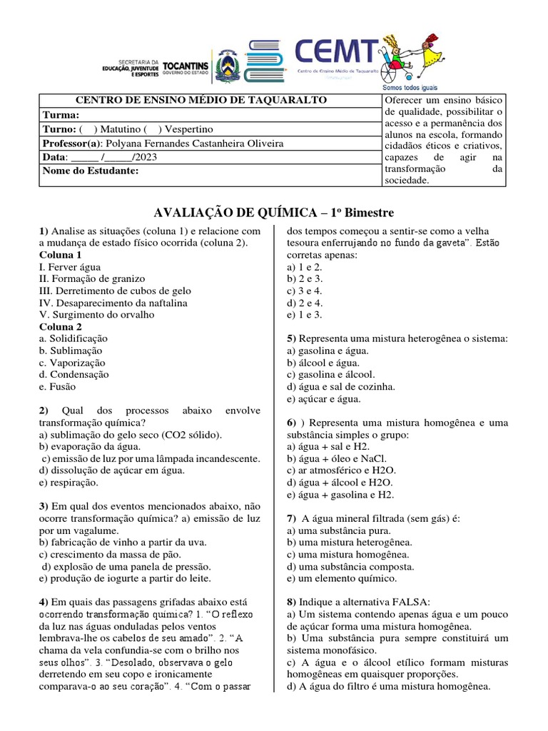 Avaliação De Química 1 Ano 13 01 Pdf Mistura Substancias Químicas
