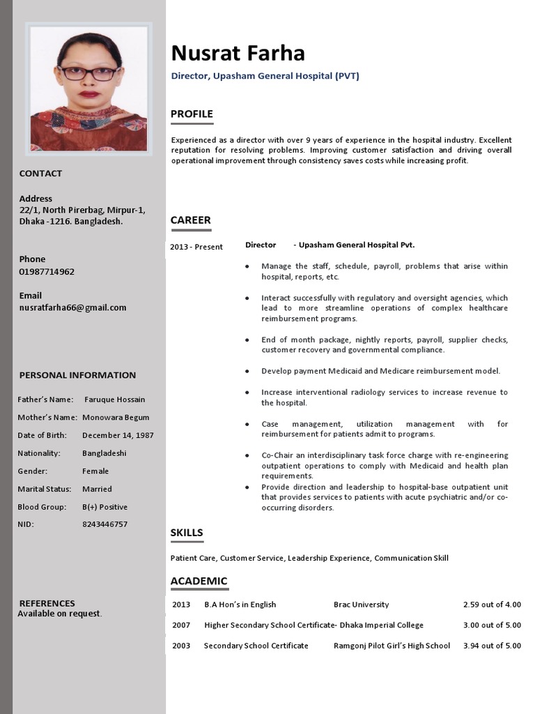 CV Nusrat Farha 1 | PDF | Hospital | Patient