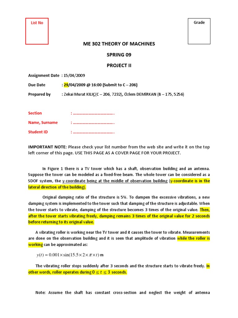 Me 302 Theory of Machines Spring 09 Project Ii: List No | PDF | Mass ...