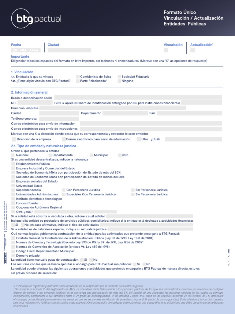 BTG 2020 Formato Unico de Vinculacion EP | PDF | Bancos | Economias
