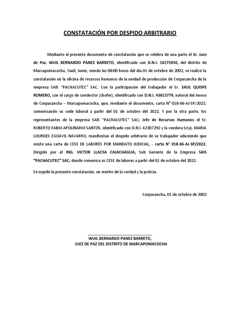 Constatación Por Despido Arbitrario | PDF