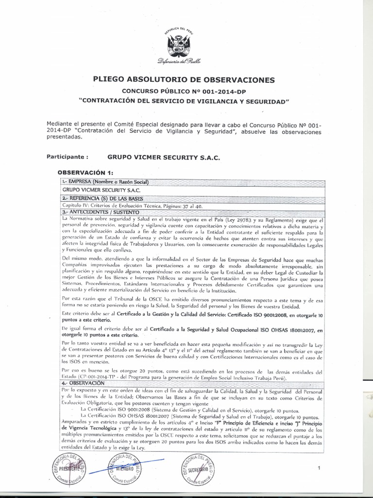 CP 001 2014 DP Pliego de Observaciones | PDF
