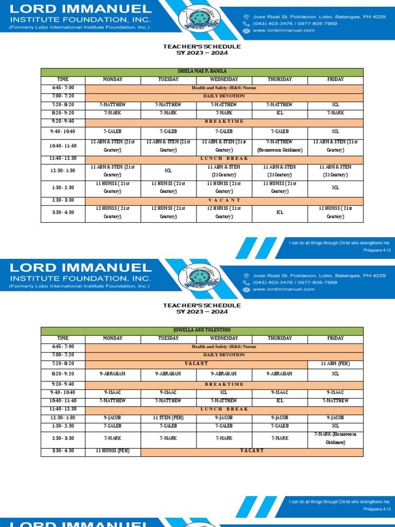 Teacher Schedule SY 2023-2024 | PDF | Schools | Educational Institutions