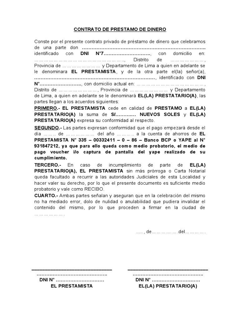 Contrato de Prestamo de Dinero Simple Plantilla para Rellenar | PDF