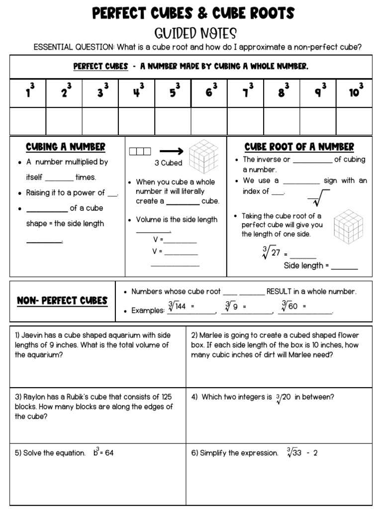 Guided Notes: PERFECT CUBES - A Number Made by Cubing A Whole Number. 3 ...