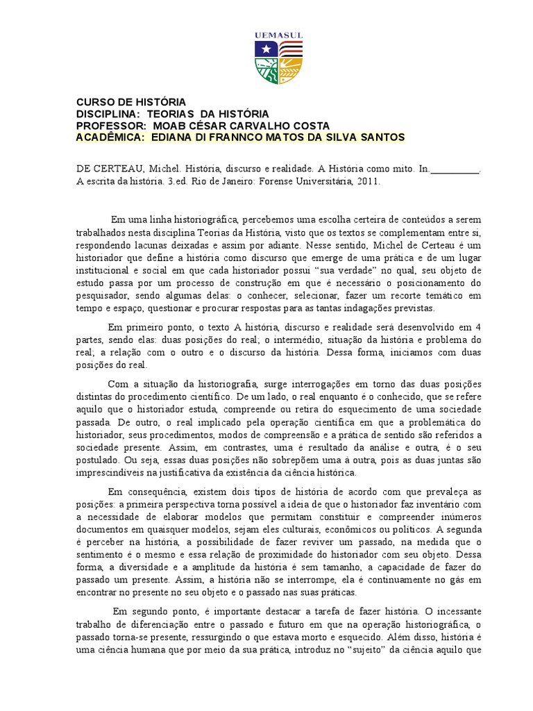 De CERTEAU, Michel. História, Discurso e Realidade | PDF ...