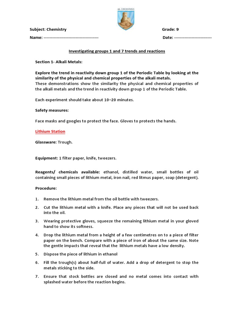 Practical - Alkali Metals and Halogens | PDF
