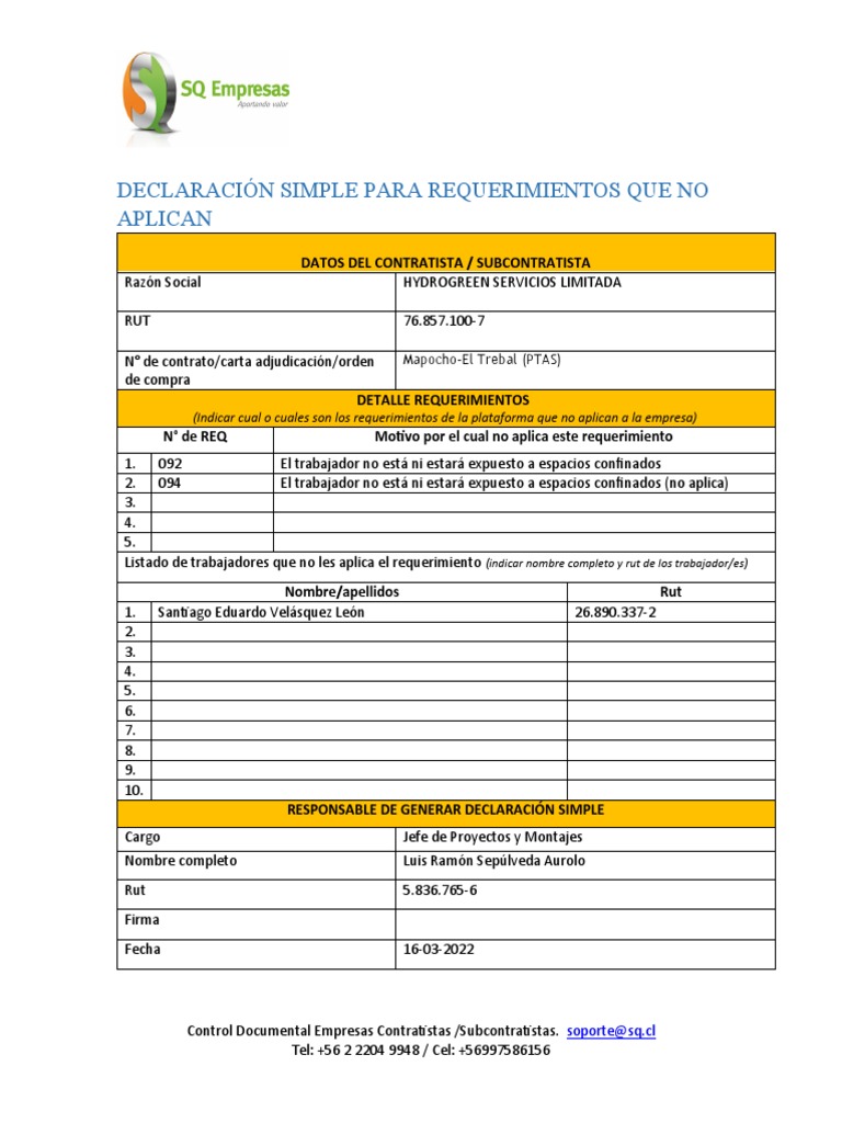 Declaración Simple (1) (20) para Cuando No Aplica Un Trabajo | PDF