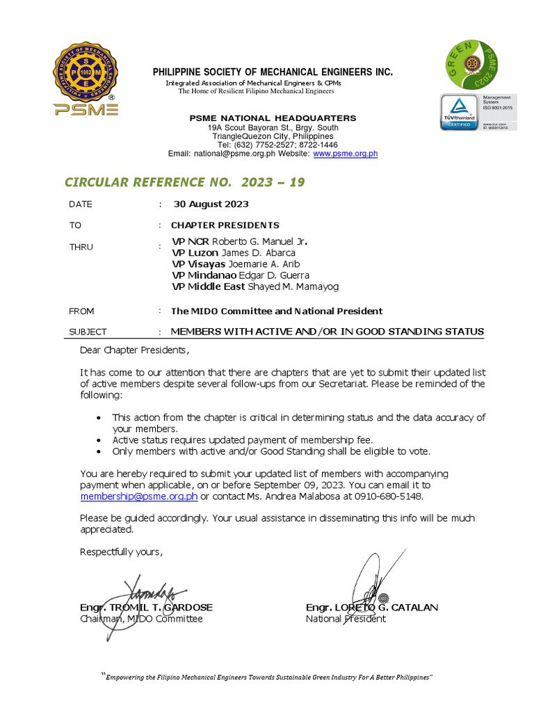 Circular No 19 - Submission of Members-in-Good-Standing | PDF