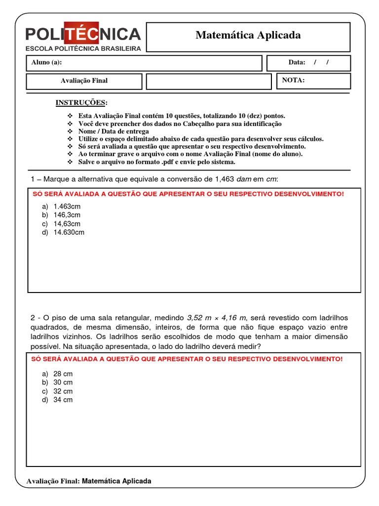 Avaliacao Final - Matematica Aplicada | PDF | Computadores | Tecnologia ... Avaliacao Final - Matematica Aplicada | PDF | Computadores | Tecnologia ...