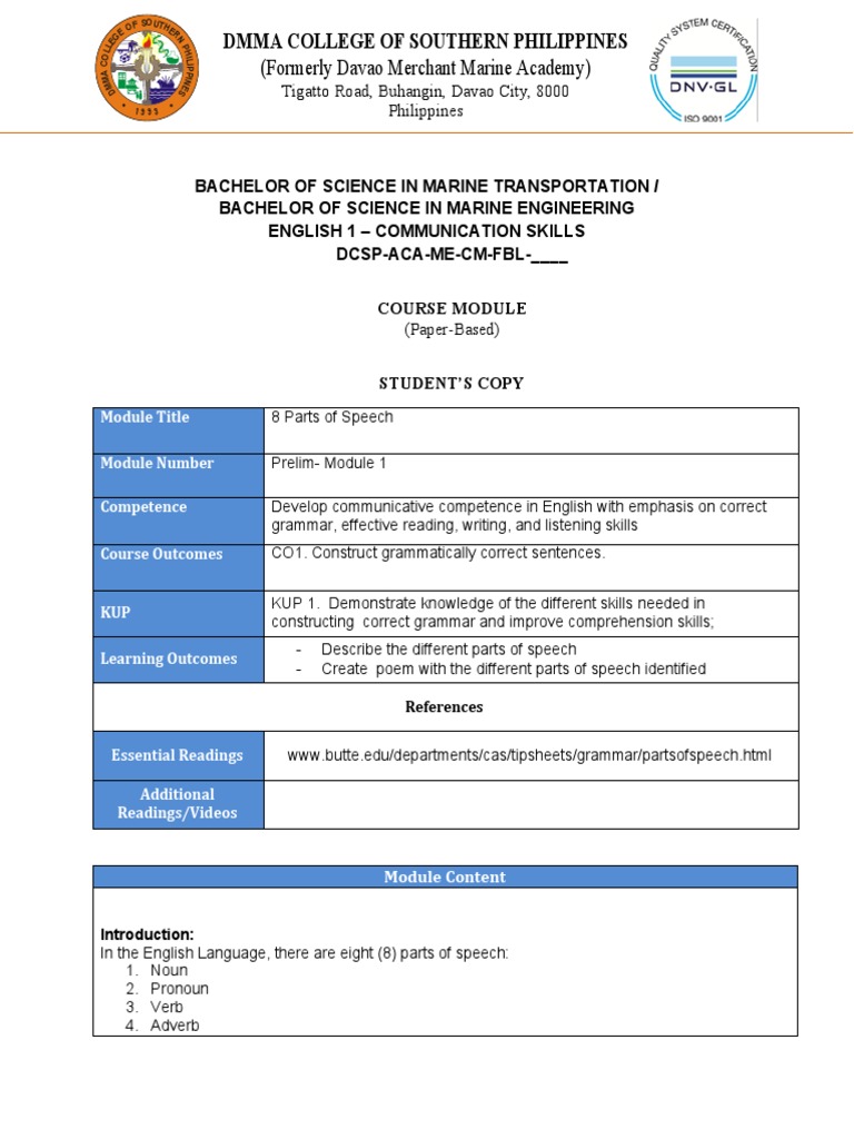 Prelim Module 1 Parts of Speech | PDF
