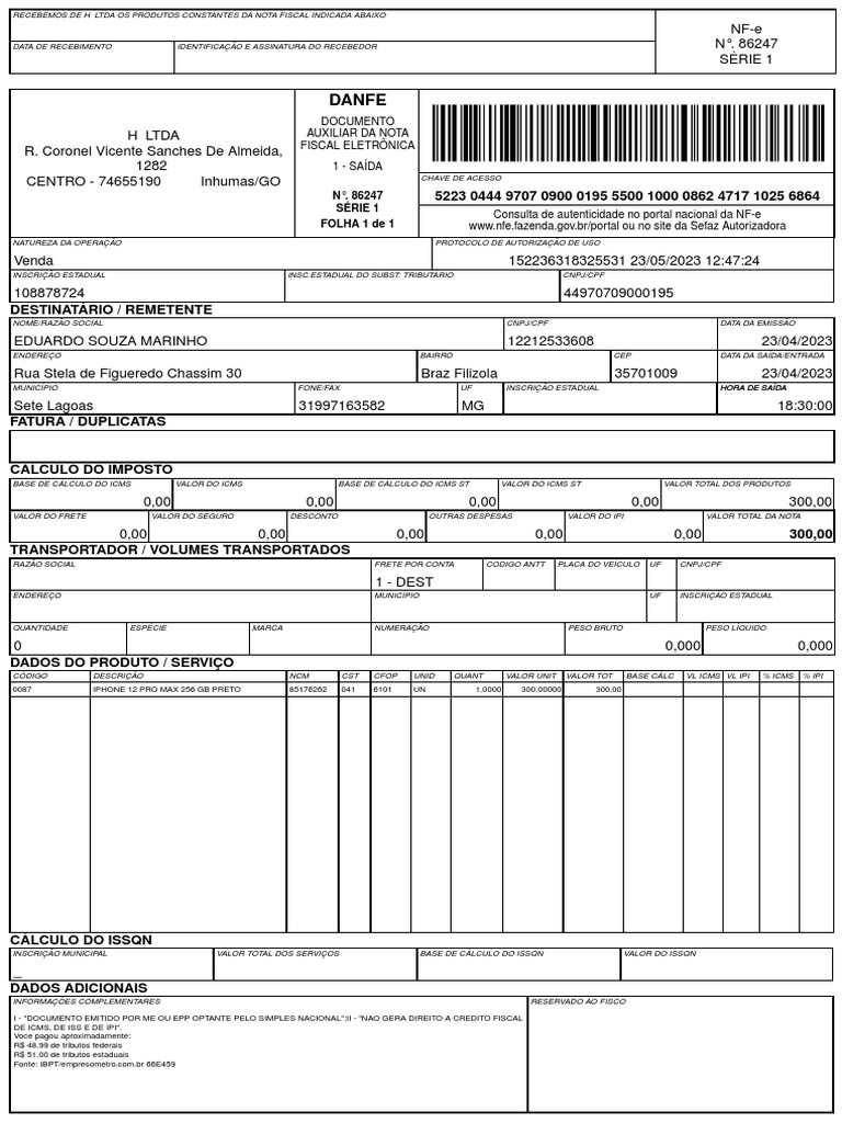 Danfe: Documento Auxiliar Da Nota Fiscal Eletrônica 1 - Saída | PDF ...