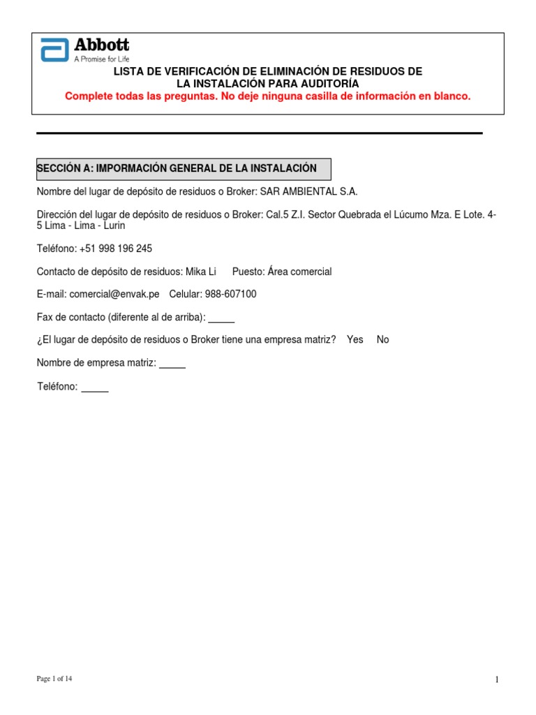 Abbott - Pre-Audit - Questionnaire - Final SAR AMBIENTAL | PDF ...