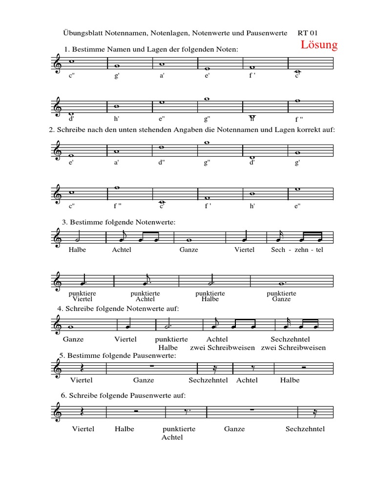 Uebung Notennamen - Lagen - Noten - Und Pausenwerte Lösung | PDF