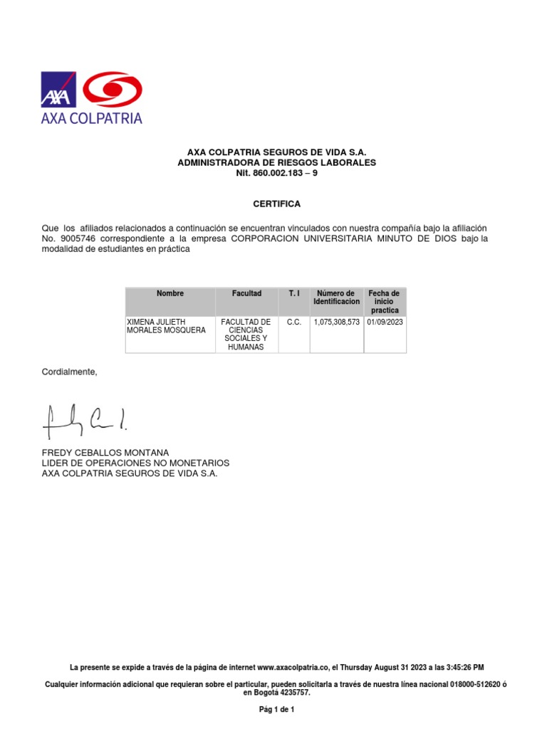 Axa Colpatria Seguros de Vida S.A. Administradora de Riesgos Laborales ...