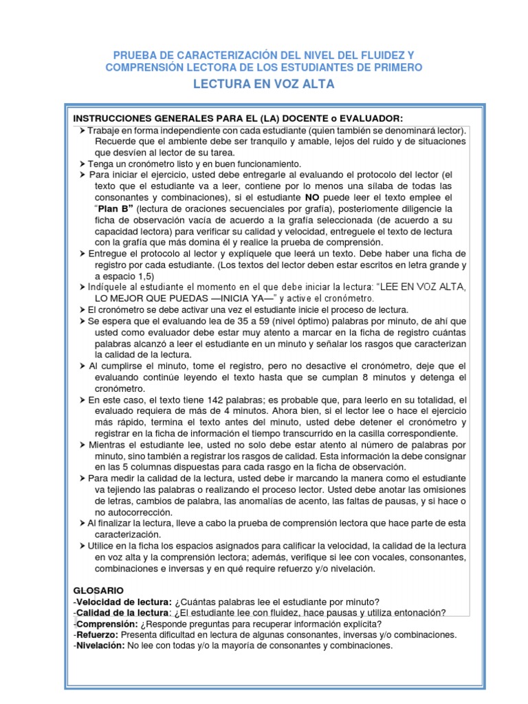 Prueba de Fluidez y Comprensión Lectora | PDF | Comprensión lectora ...