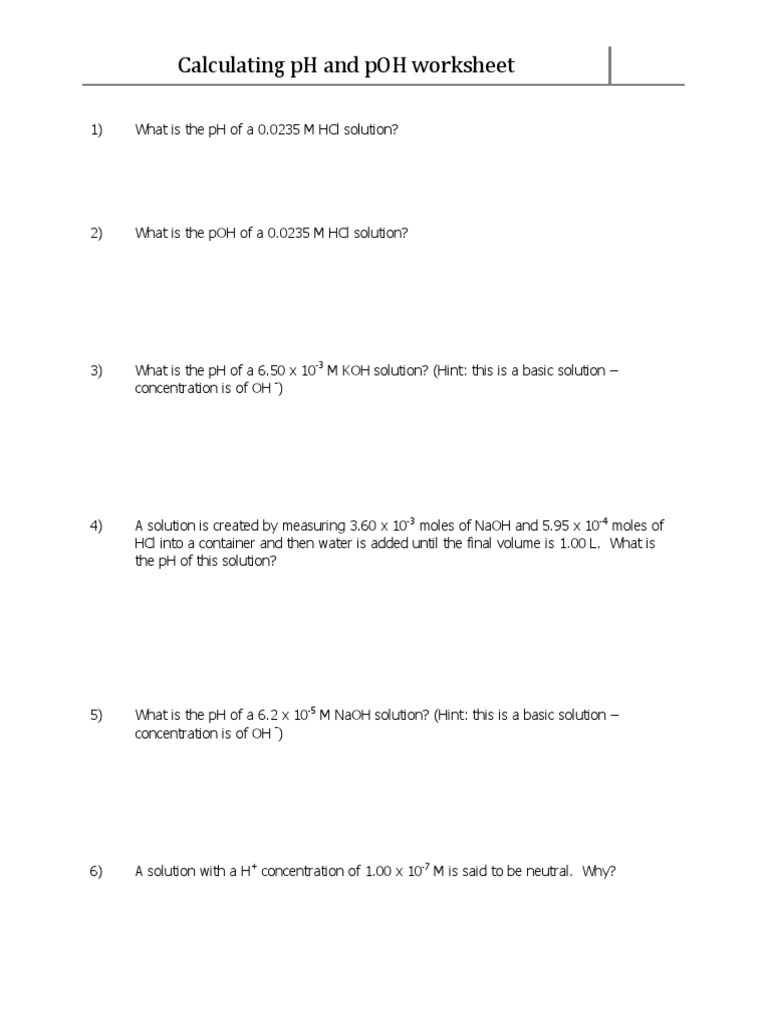PH Worksheet | PDF | Ph | Metrology