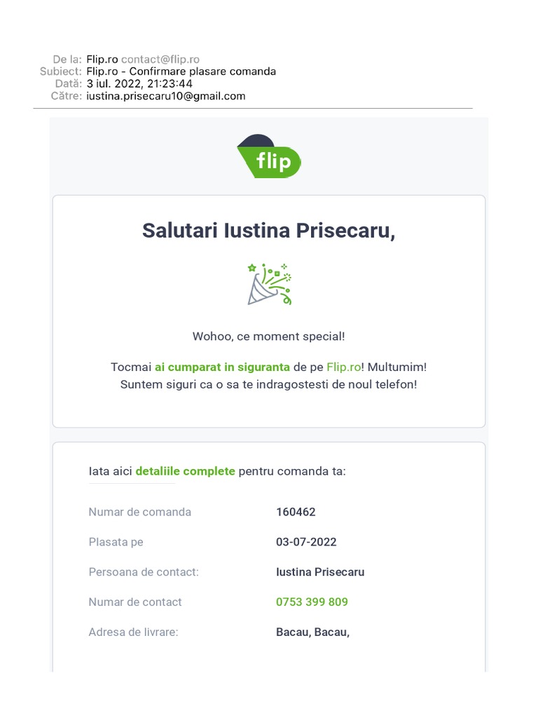 Flip - Ro - Confirmare Plasare Comanda | PDF