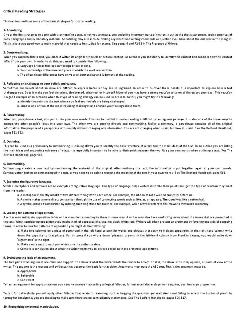 Critical Reading Strategies | PDF | Speed Reading | Thought