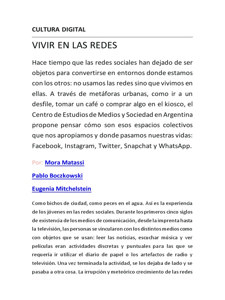 Vivir en Las Redes (2017) - UNSAM, Revista Anfibia, Ensayo, Cultura Digital | PDF | Facebook ...