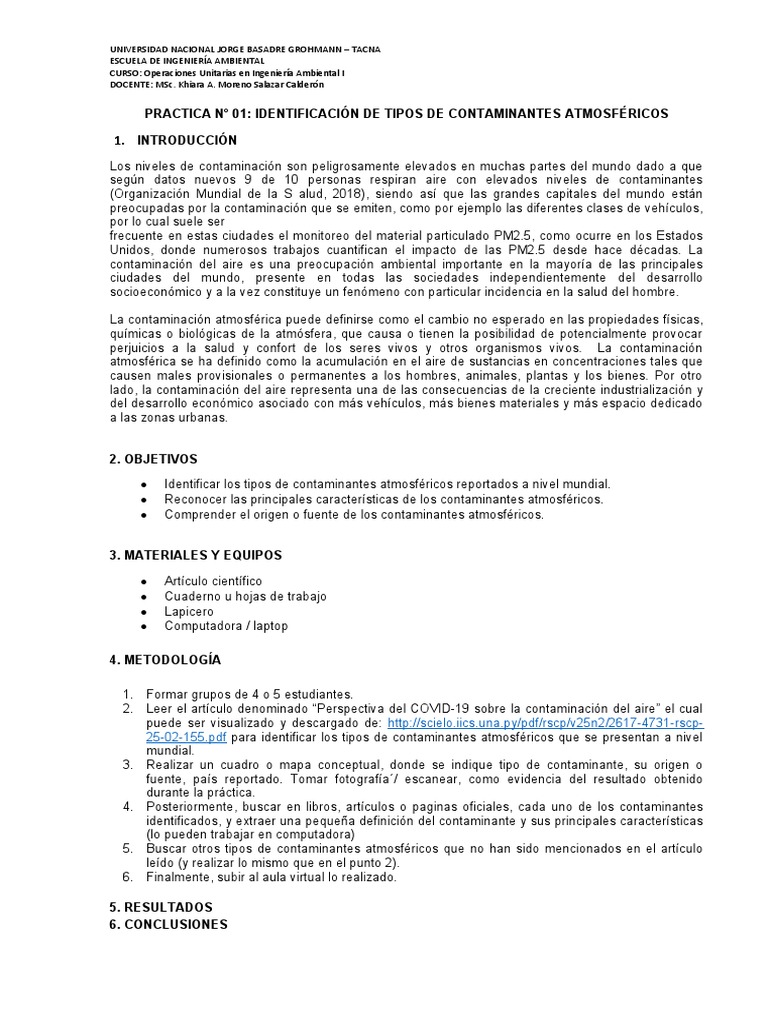 Practica N 01 Identificacion Contaminantes Atmosfericos | PDF ...
