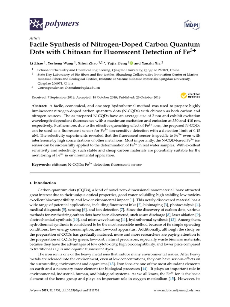 Facile Synthesis of Nitrogen-Doped Carbon Quantum | PDF | X Ray Photoelectron Spectroscopy ...