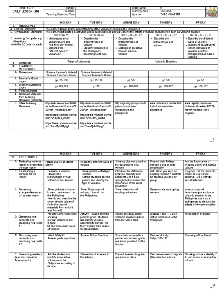 1st Quarter DLL Science 9 | PDF | Volcano | Learning