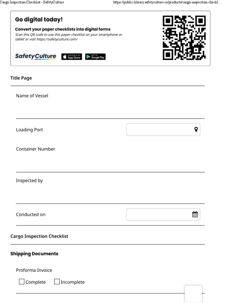 Cargo Inspection Checklist - SafetyCulture | PDF | Cargo | Manufactured ...