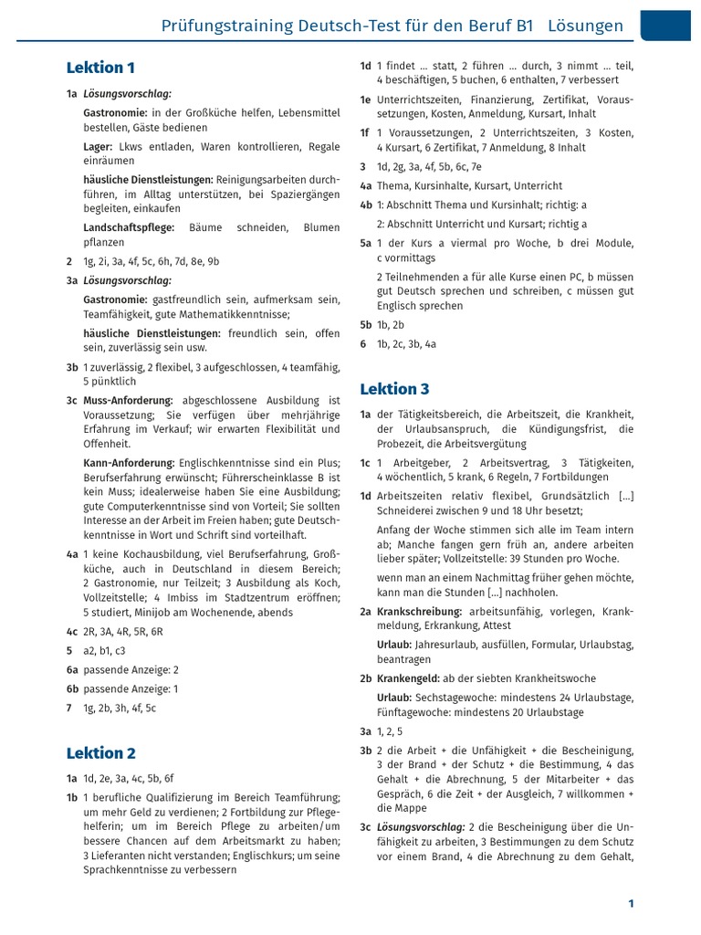 Pruefungstraining Deutsch-Test Fuer Den Beruf B1 Loesungen | PDF