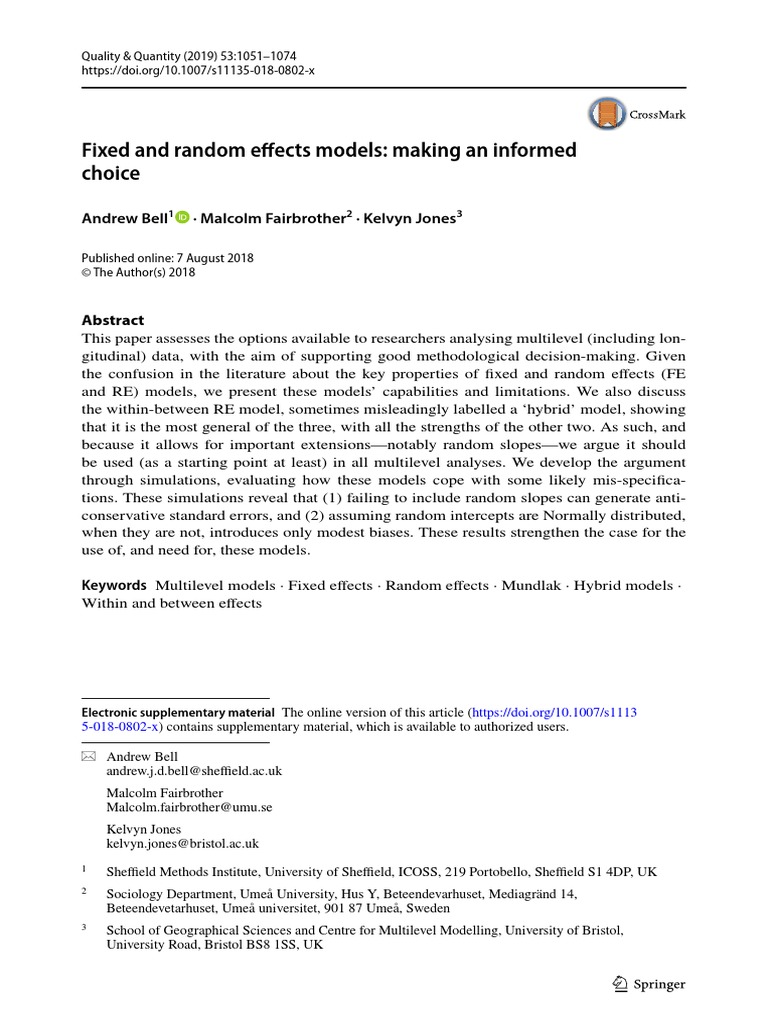 Fixed and Random Effects Models: Making An Informed Choice: Andrew Bell ...