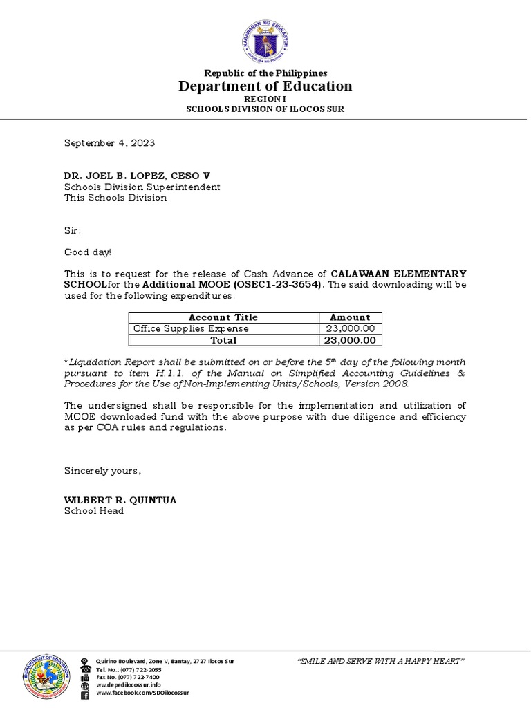 Letter Request For Additional MOOE | PDF