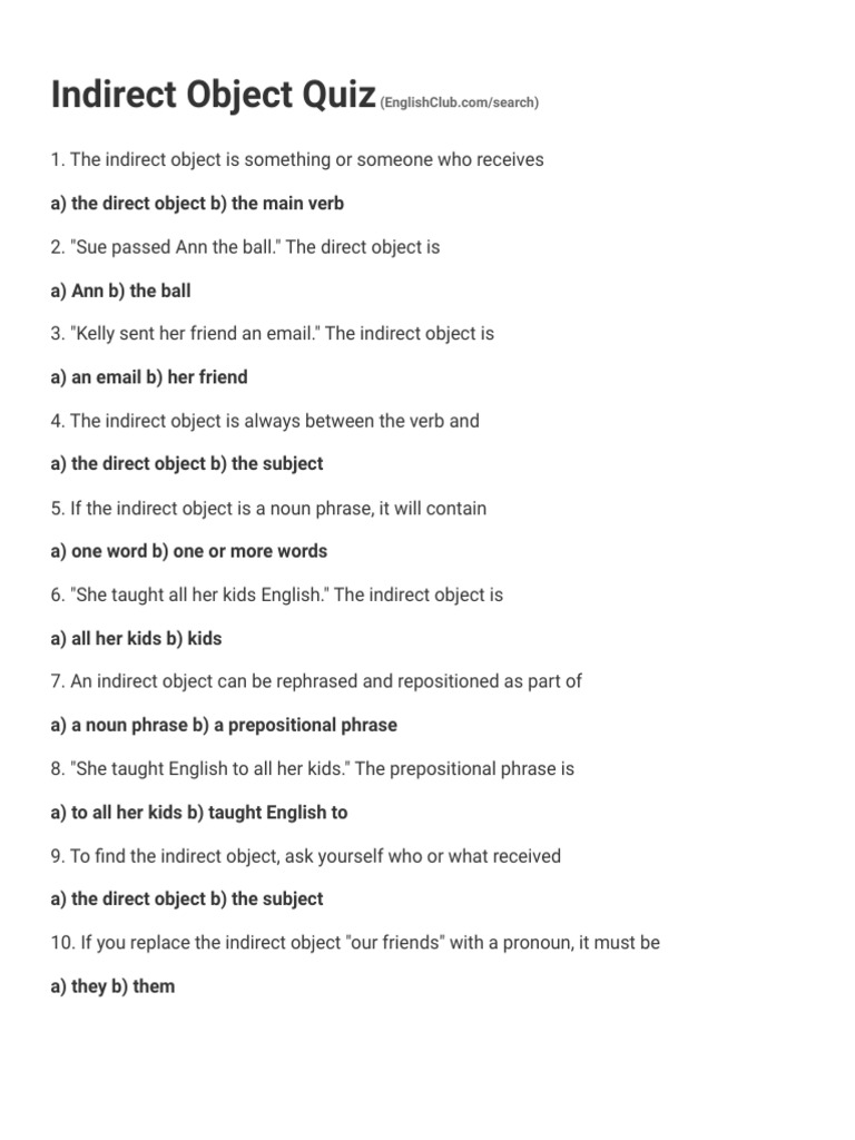 Indirect Object Quiz - Grammar - EnglishClub | PDF | Language Arts & Discipline