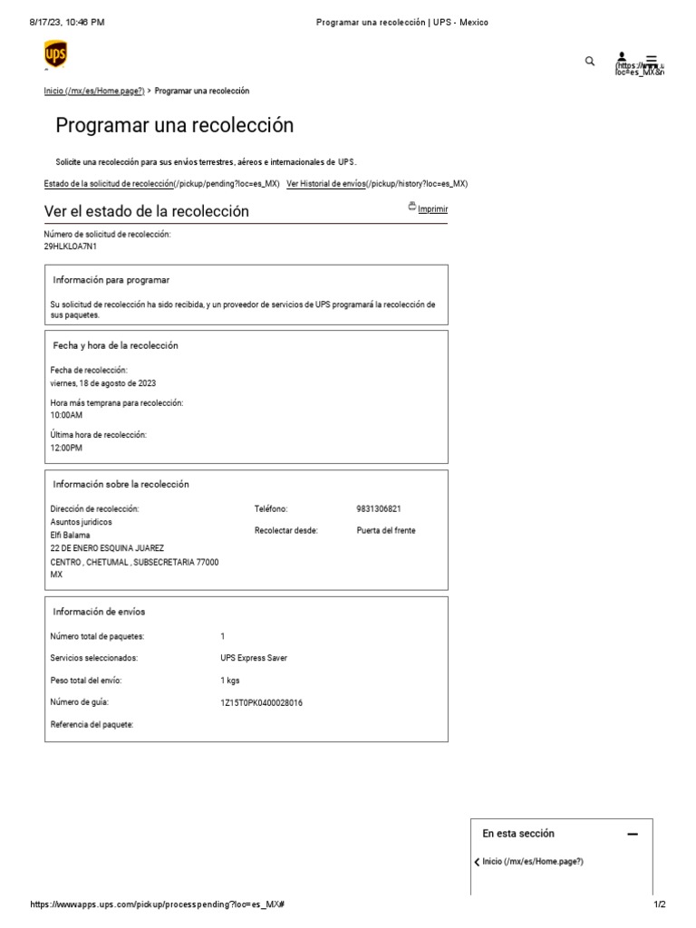 Programar Recolección UPS México | PDF