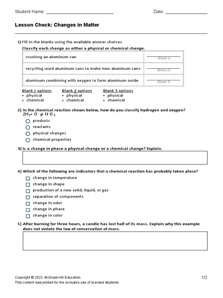 Lesson Check - Changes in Matter | PDF