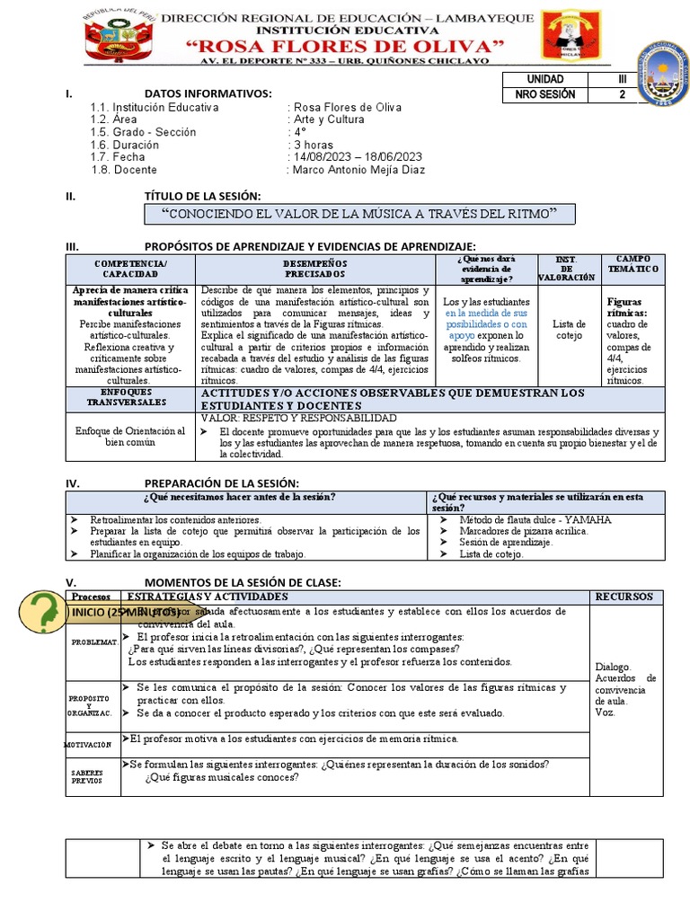 Sesión de Aprendizaje N°02 | PDF | Ritmo | Aprendizaje