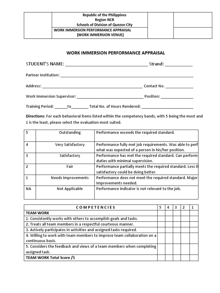 Work Immersion Performance Appraisal 3 | Download Free PDF | Performance Appraisal | Judgment (Law)