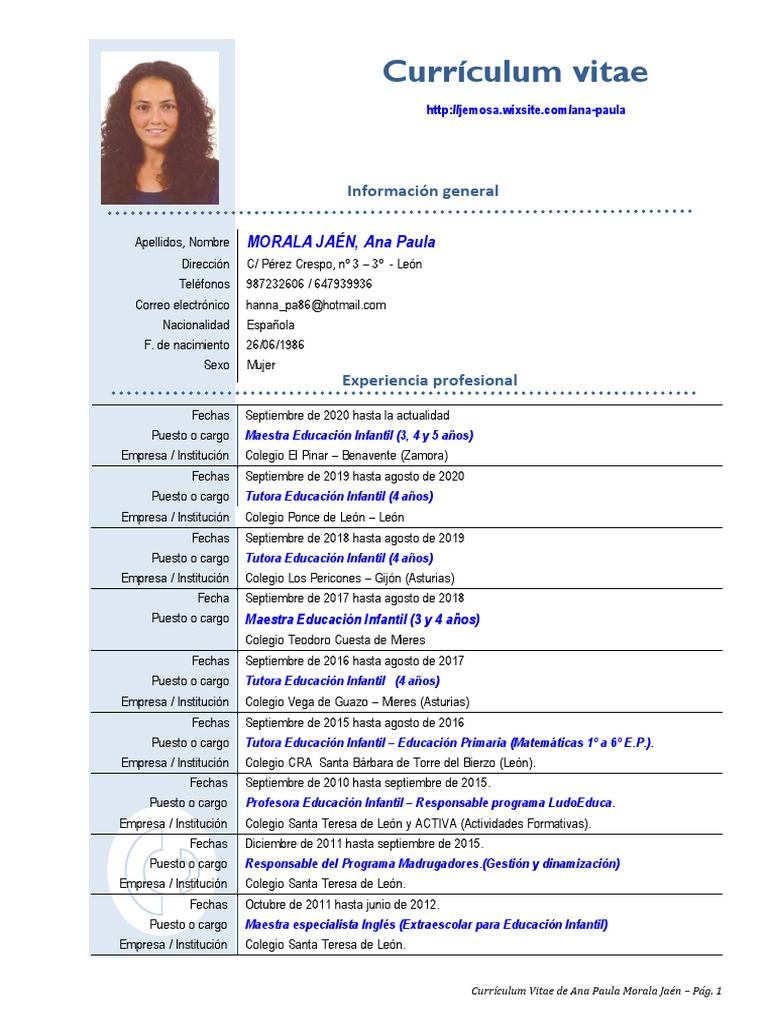2023 - CV Maestra - Ana Paula Morala Jaén Con Formacion Complentaria | PDF