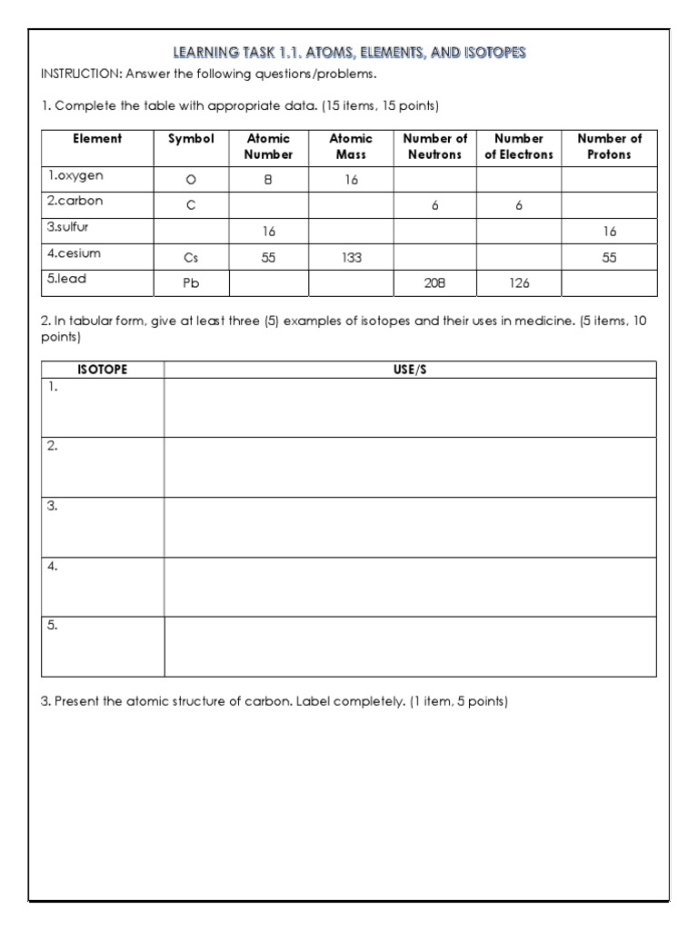 Learning Task. 1.1. Atoms, Electrons, and Isotopes | PDF