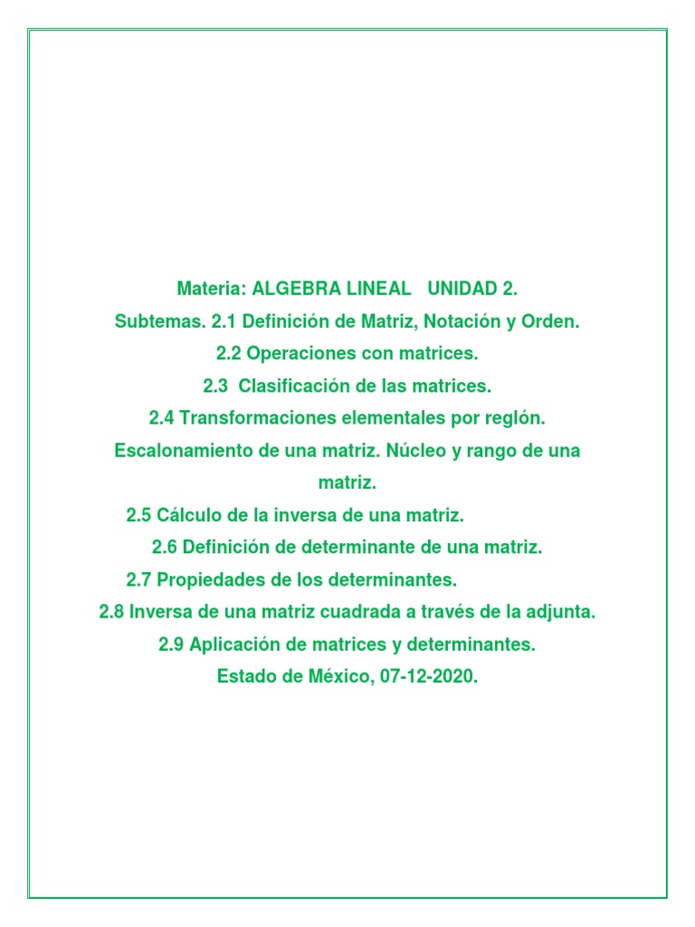 ALGEBRA-LINEAL-UNIDAD 2 | PDF | Matriz (Matemáticas) | Determinante