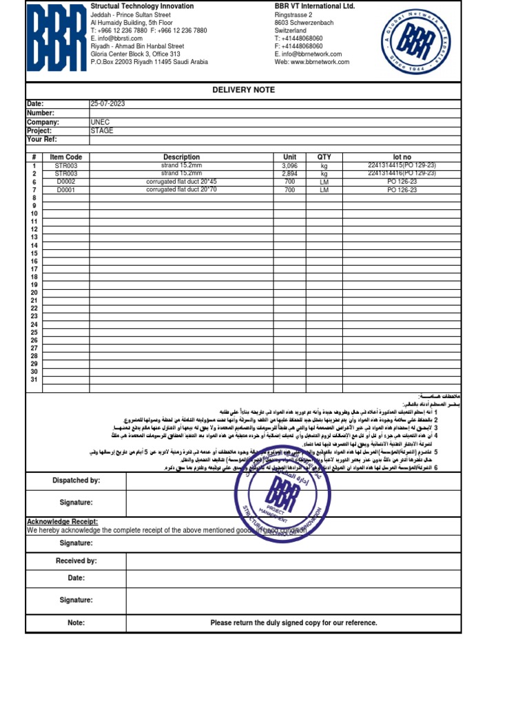 Delivery Note-STAGE DUCT AND STRAND 2 | PDF