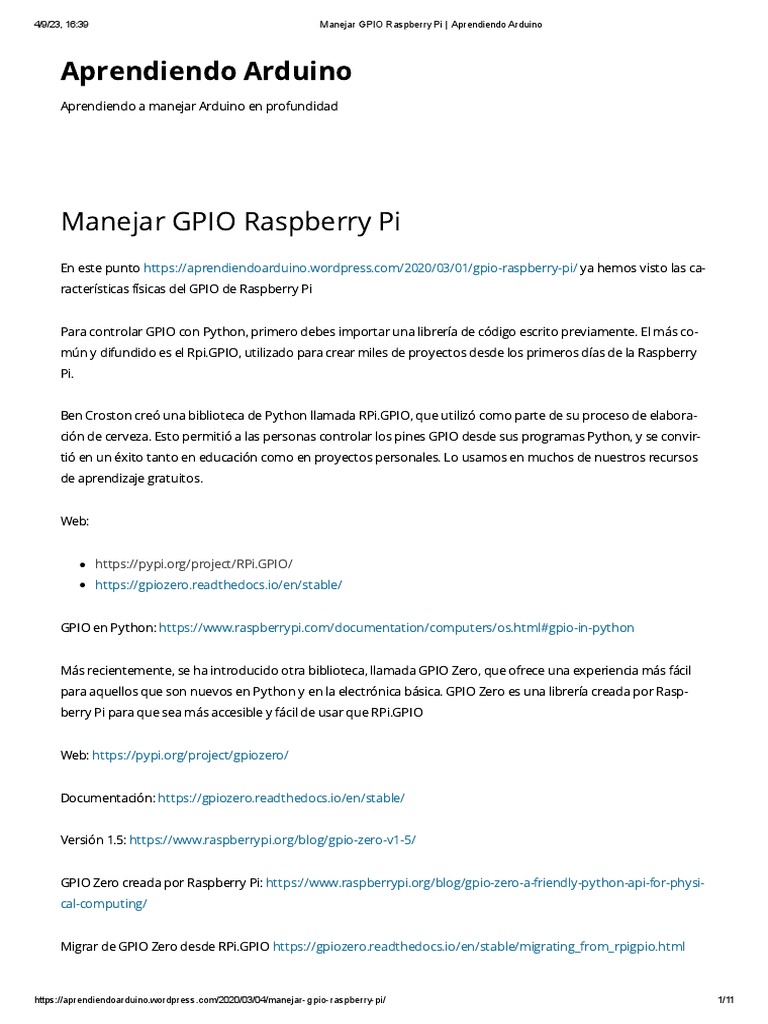 Manejar GPIO Raspberry Pi - Aprendiendo Arduino | PDF | Raspberry Pi | Python (lenguaje de ...