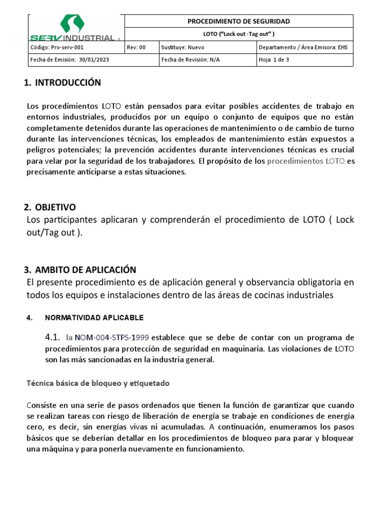 Procedimiento LOTO: Seguridad Industrial | PDF