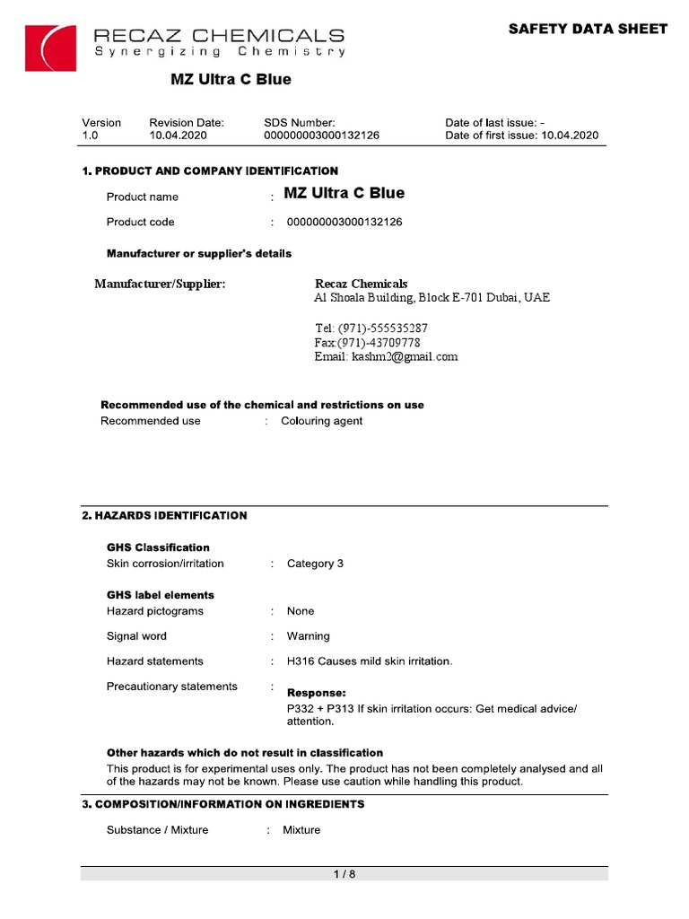 Msds - MZ Ultra C Blue | PDF